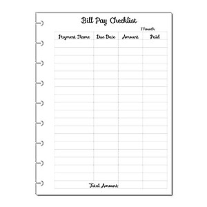 Monthly Budget Forms Bill Pay Checklist for 9-Disc Planners, Fits 9-Disc Notebooks, 7"x9.25" (PLANNER, TABS and the RINGS are NOT INCLUDED)