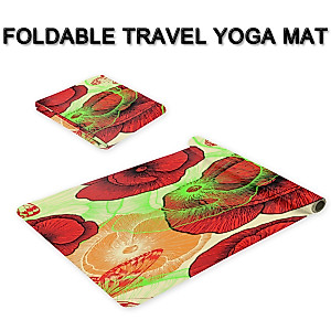 Retro Poppy Yoga Mat Folding Travel Fitness & Exercise Mat with Carrying Bag Non-Slip Lightweight Travel Yoga Mat for Women Pilates 72"L × 26.8” W × 2 Mm Thick