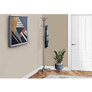 Monarch Specialties 2007, Hall Tree, Free Standing, 12 Hooks, Entryway, Bedroom, Metal, Grey, Contemporary, Modern Coat Rack, 19" L x 19" W x 70" H, Silver
