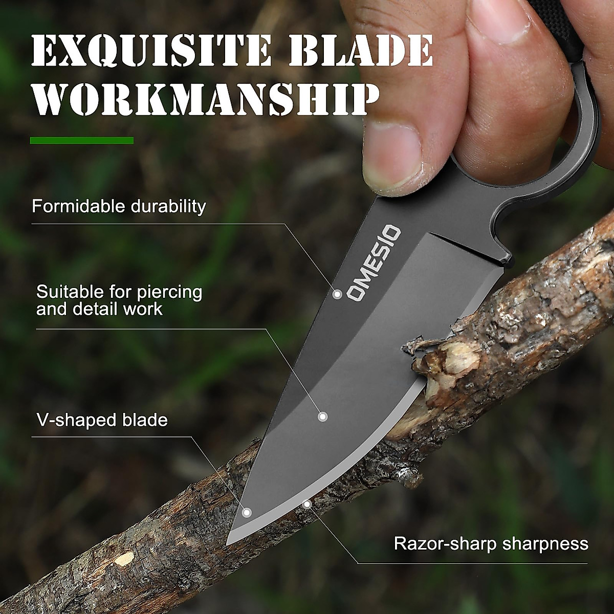 Omesio Small Fixed Blade Knife, Tactical Hunting Camping Knife with Kydex Sheath, Full Tang Stainless Steel Compact EDC Neck Knife G10 Handle with Gift Box for Men (Black)