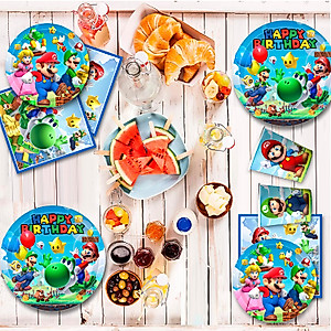 Fruitful Life Super Mario Party Decorations, 161pcs Place Setting - Mario Themed Plates, Napkins, Cups & Tablecloth etc for Boys/Girls Kids Birthday
