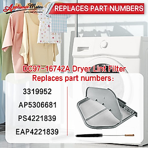 DC97-16742A Dryer Lint Trap Screen Filter Replacement for Samsung Dryer-Replaces AP5306681, DC61-03048A, DC61-02610A, DV45H7000EW/A2, DV40J3000GW/A2 with Flap and Vent Cleaner Brush