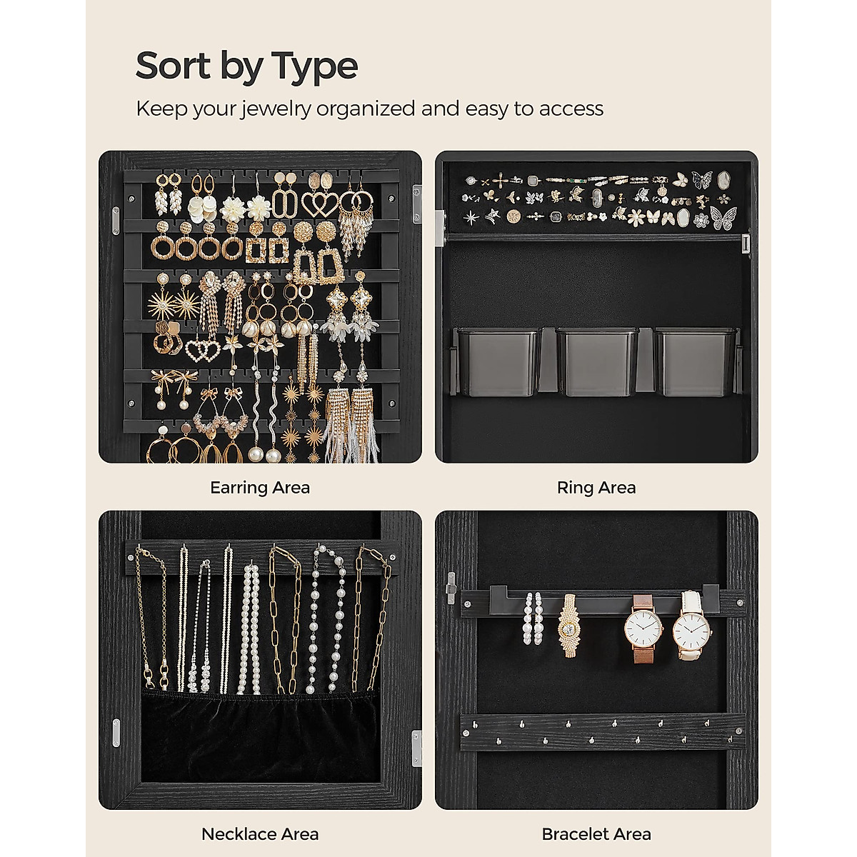 SONGMICS Mirror Jewelry Cabinet Armoire, Wall or Door Mounted Jewelry Storage, Hanging Lockable Frameless with 2 Plastic Cosmetic Organizers, Gift Idea, Black UJJC001B01