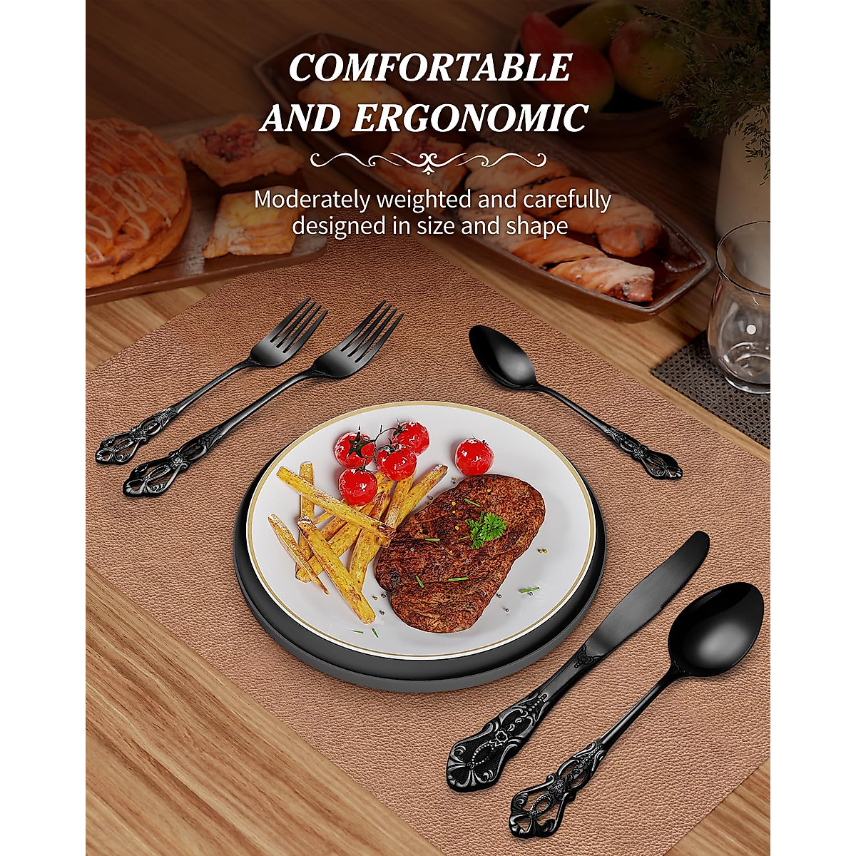 Aswwid 48 Pieces Black Silverware Set for 8, Retro Royal Flatware Set with Steak Knives, Gorgeous Stainless Steel Cutlery Utensil Set Include Forks Spoons and Knives, Mirror Finish,Dishwasher Safe