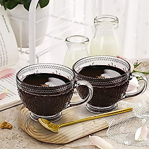 Bekith Set of 4 Glass Coffee Mugs 13 Ounces, Vintage Glass Coffee Mugs with Spoons, Clear Embossed Glass Cups Set for Cappuccino, Latte, Cereal, Yogurt, Tea, Beverage Hot/Cold