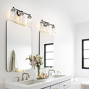 PHIXART Bathroom Lighting Fixtures Black and Brushed Nickel Bathroom Vanity Light with Cylindrical Clear Stripes Glass Lampshade E26 Socket Base Bathroom Lighting Fixtures Over Mirror (3 Lights)