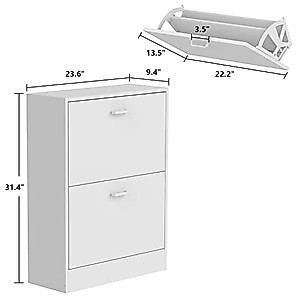 AIEGLE Shoe Cabinet with 2 Flip Drawers for Entryway, Modern Shoe Rack Shoe Organiazer with Adjustable Shelf, Shoe Storage Cabinet, White (23.6" W x 9.4" D x 31.4" H)
