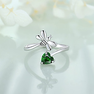 FJ Sterling Silver Women Bee Ring Open Animal Ring with Created Emerald (Adjustable Ring) (Size 9)
