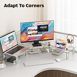 Hemudu Dual Monitor Stand -Adjustable Length and Angle Dual Monitor Riser, Computer Monitor Stand, Desktop Organizer, Monitor Stand Riser for PC, Computer, Laptop (Clear)