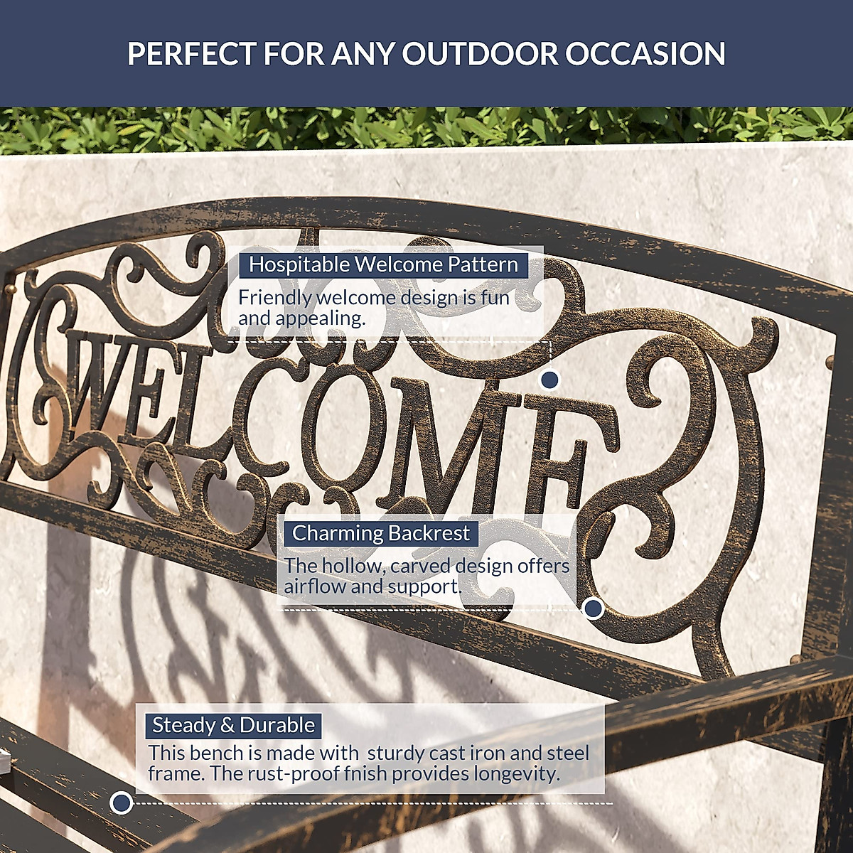 BELLEZE Outdoor Garden Bench, 50 inch Cast Iron Metal Loveseat Chairs with Armrests for Park, Yard, Porch, Lawn, Balcony, Backyard, Antique Patio Seat Furniture Welcome Design, Brown