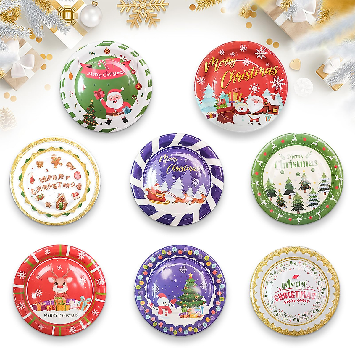 CONEHOY 120 Pcs Christmas Paper Plates Round 9 In Disposable Tableware Sets Santa Snowman Christmas Tree Design Holiday Tableware for Winter Dinner Dessert Birthday Christmas Party Supplies
