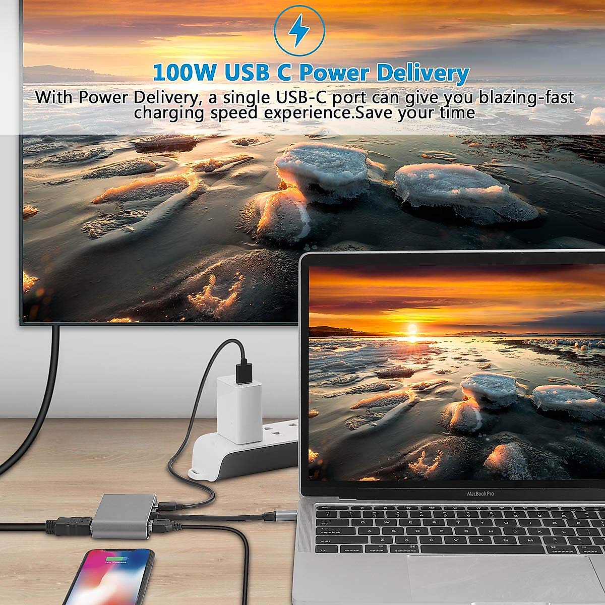 USB C Hub Type C 5 in 1 Hub to 4K HDMI, VGA, 1USB3.0Ports, with PD Charge