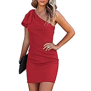 PRETTYGARDEN Women's 2024 Mini Bodycon Dress Bow One Shoulder Sleeveless Party Cocktail Short Fitted Dresses (Red,Small)