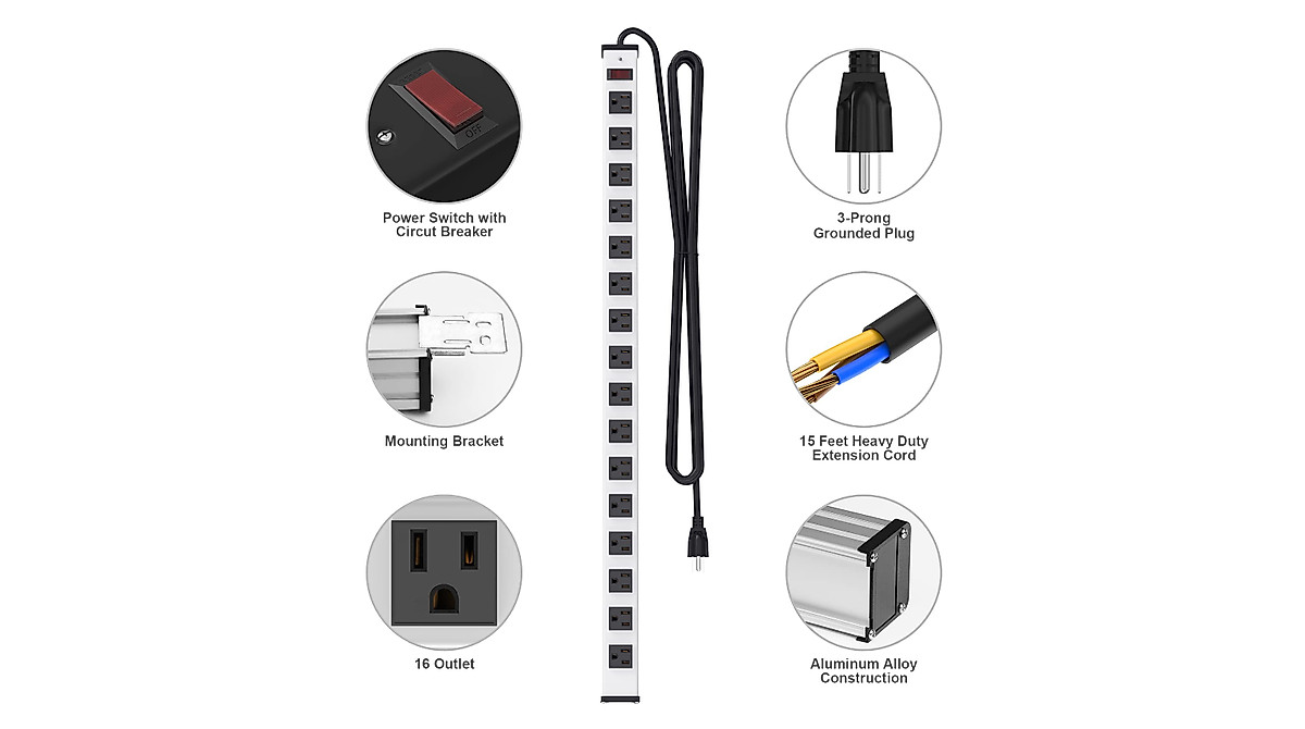 Heavy Duty 16 Outlet Power Strip for Garage & Workshop