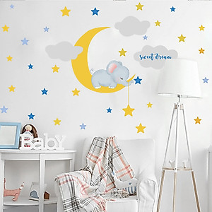 Moon and Stars Wall Stickers, Sleeping Elephant Wall Decals Sweet Dream Decoration for Baby Room Kids Bedroom Nursery and Playroom