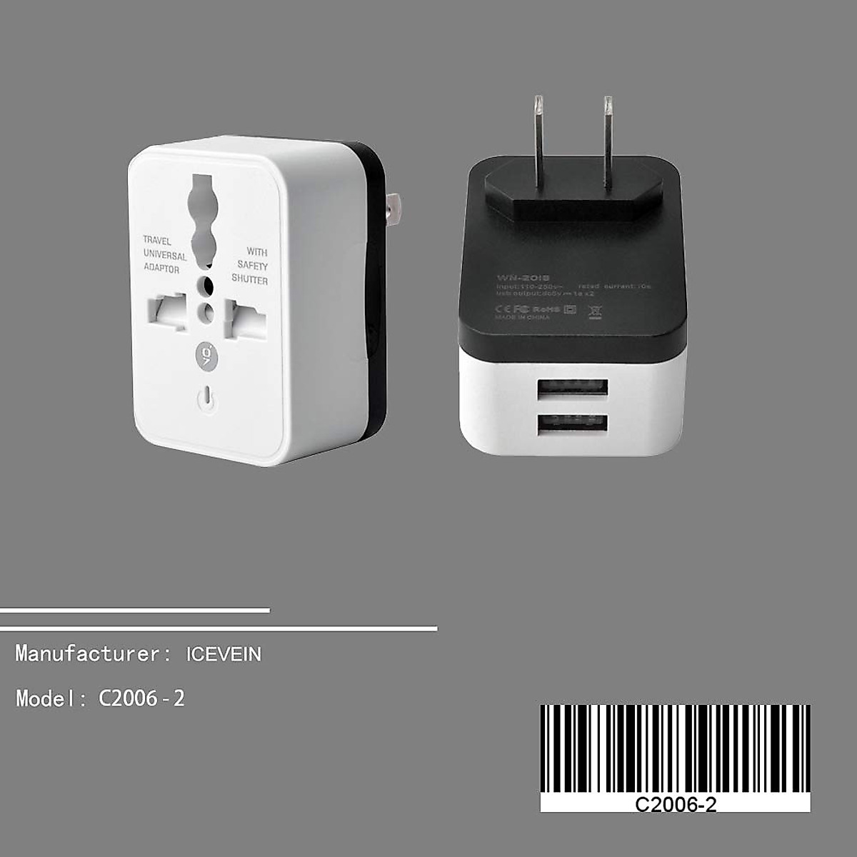 Universal Power Travel Plug Adapter Converting from EU/UK/CN/AU/JP to US (2 USB Ports)