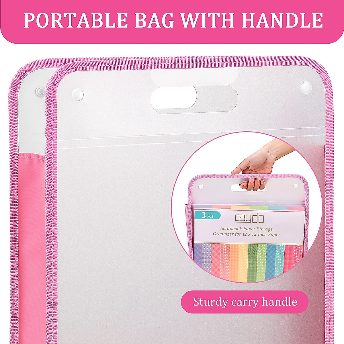 Caydo Scrapbook Paper Storage Organizer, Pink Expanding Paper Folio for 12 x 12 Sheets, Scrapbook Paper Storage with Transparent Portable Handle for Holding Scrapbook, Vinyl Paper, Cardstock