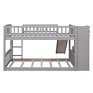 Harper & Bright Designs Low Bunk Bed with Slide and Stairs, Twin Over Twin Wooden Bunk Bed Frame with Storage, for Kids Girls Boys - Gray