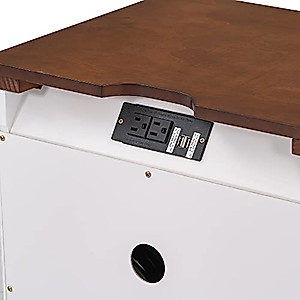 Flieks Wooden Nightstand with USB Charging Ports and Three Drawers,End Table for Bedroom,White+Walnut