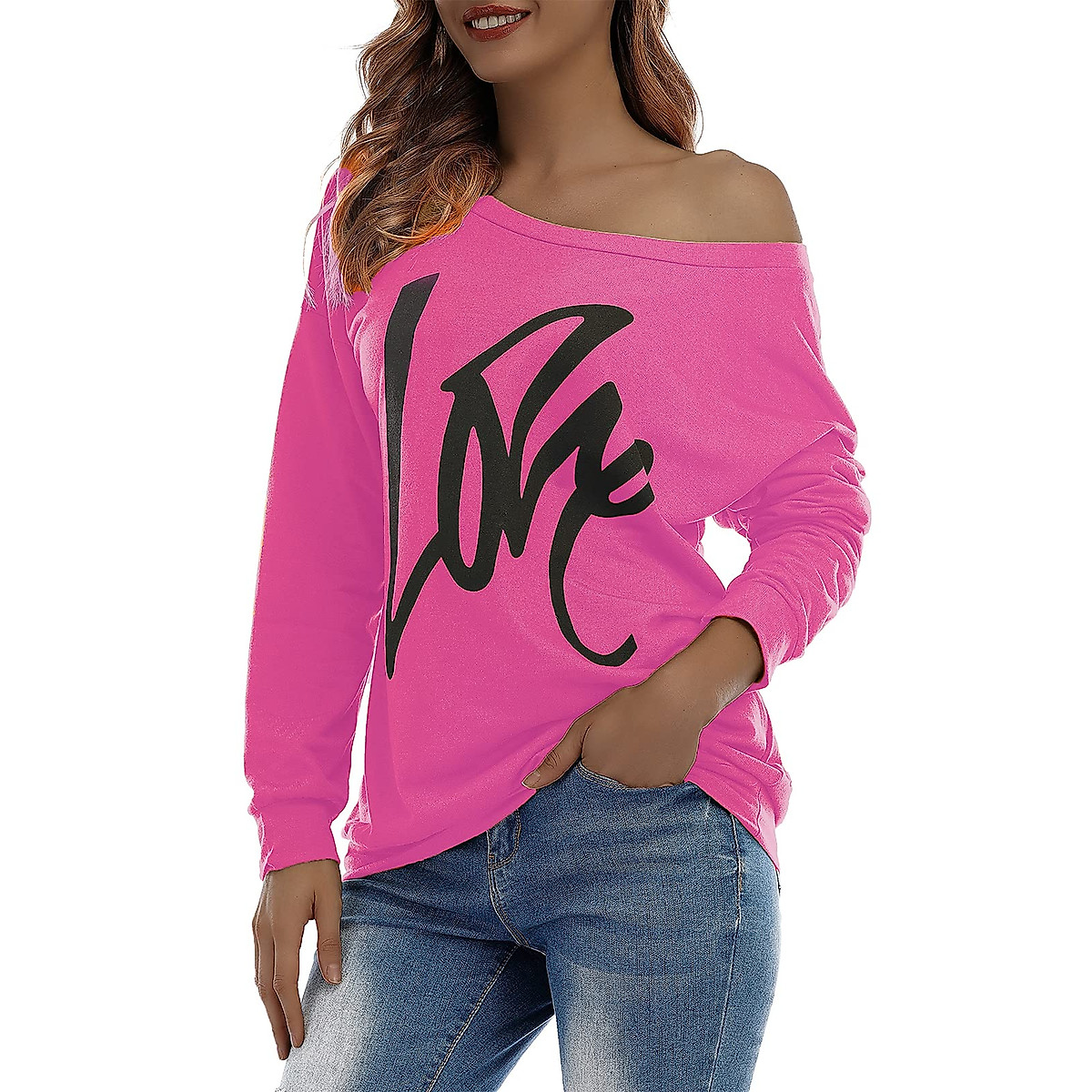 Century Star Women Long Sleeve Sweatshirts Off the Shoulder Sweatshirt Oversized letter Print Sweaters Pullover Casual Shirt Tops Rose Red Large (Lable Size Medium)