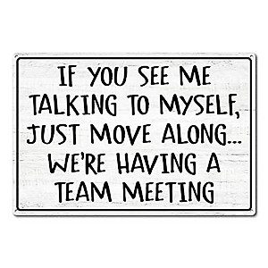 Funny Office Decor Signs - If You See Me Talking To Myself We're Having A Team Meeting, Cubical Office Door Accessories Office Wall Decorations Aluminum Sign Women Gift