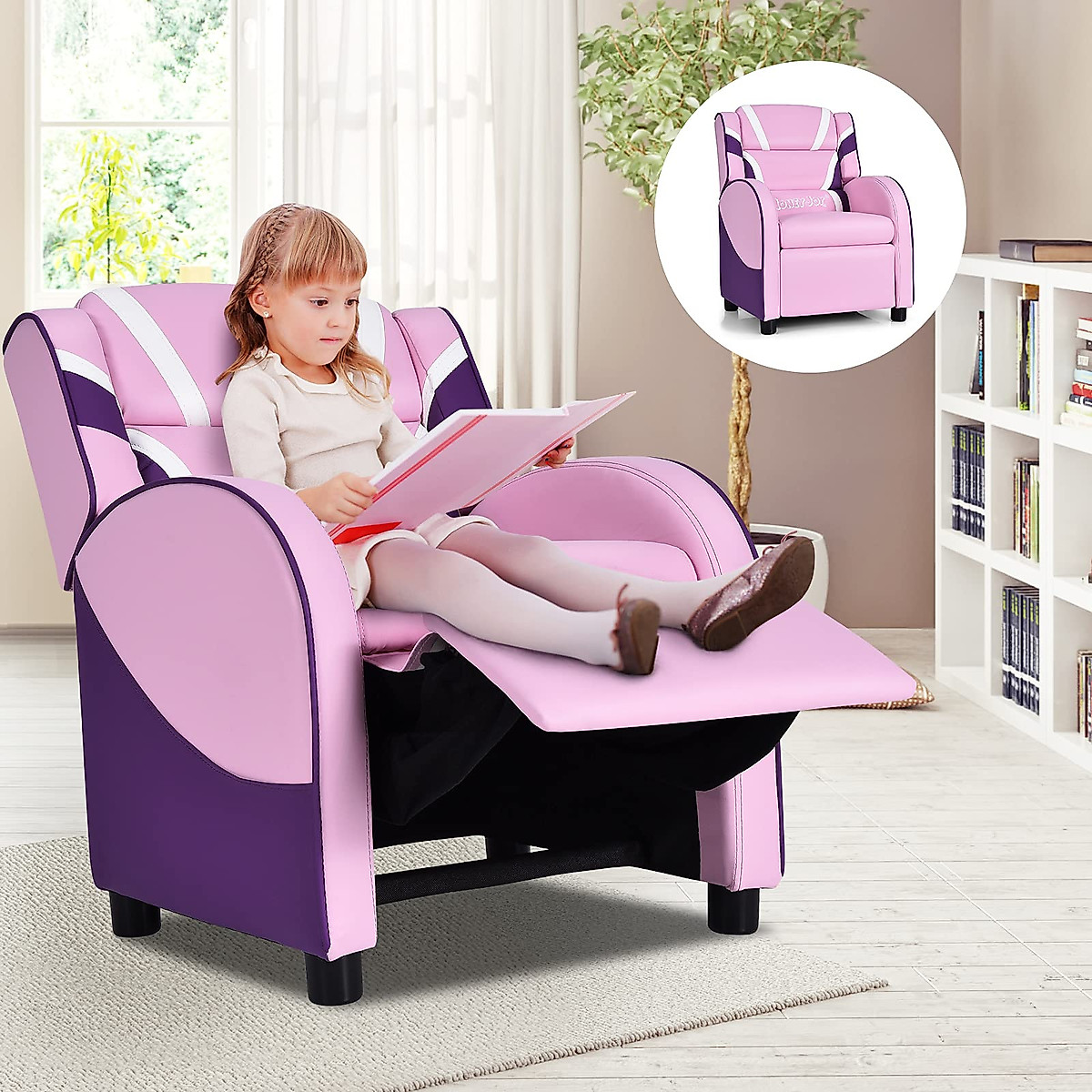 Moccha Kids Recliner Chair with Side Pockets for Boys and Girls Room, Adjustable Kids Couch Chair w/Footrest, Ergonomic Toddler Furniture Sofa (Pink)
