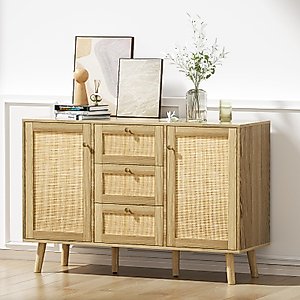 Giluta Sideboard Buffet Cabinet, 3 Drawers Cabinet with 2 Doors Boho Accent Storage Cabinet, Living Room Cupboard Console Table with Adjustable Shelves for Kitchen