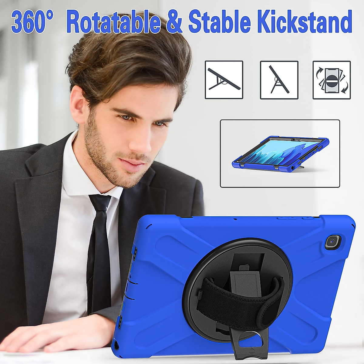 Rugged Case for Samsung Galaxy Tab A7 10.4" 2022/2020(SM-T500/T503/T505/T507/T509), Portable Hybrid Shock-Proof Cover with 360° Rotatable Hook&Loop Handle,Shoulder Strap (Blue)