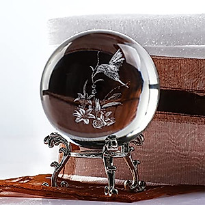 HDCRYSTALGIFTS 3D Hummingbird Crystal Ball Paperweight 60mm(2.3Inch) Laser Engraved Glass Sphere Display Globe Meditation Ball Home Decor with Metal Stand