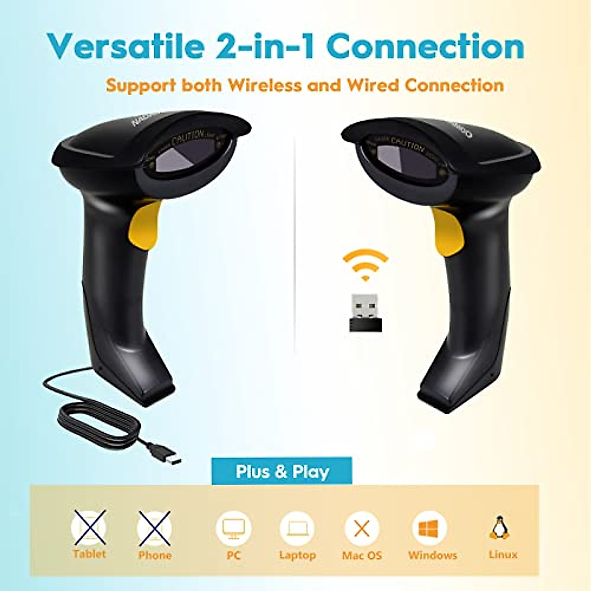 NADAMOO Wireless Barcode Scanner with Stand 2-in-1 2.4G Wireless & Wired USB Bar Code Scanner Handheld Laser Bar Code Reader Automatic Hand Scanner for Computer POS Warehouse Inventory Library