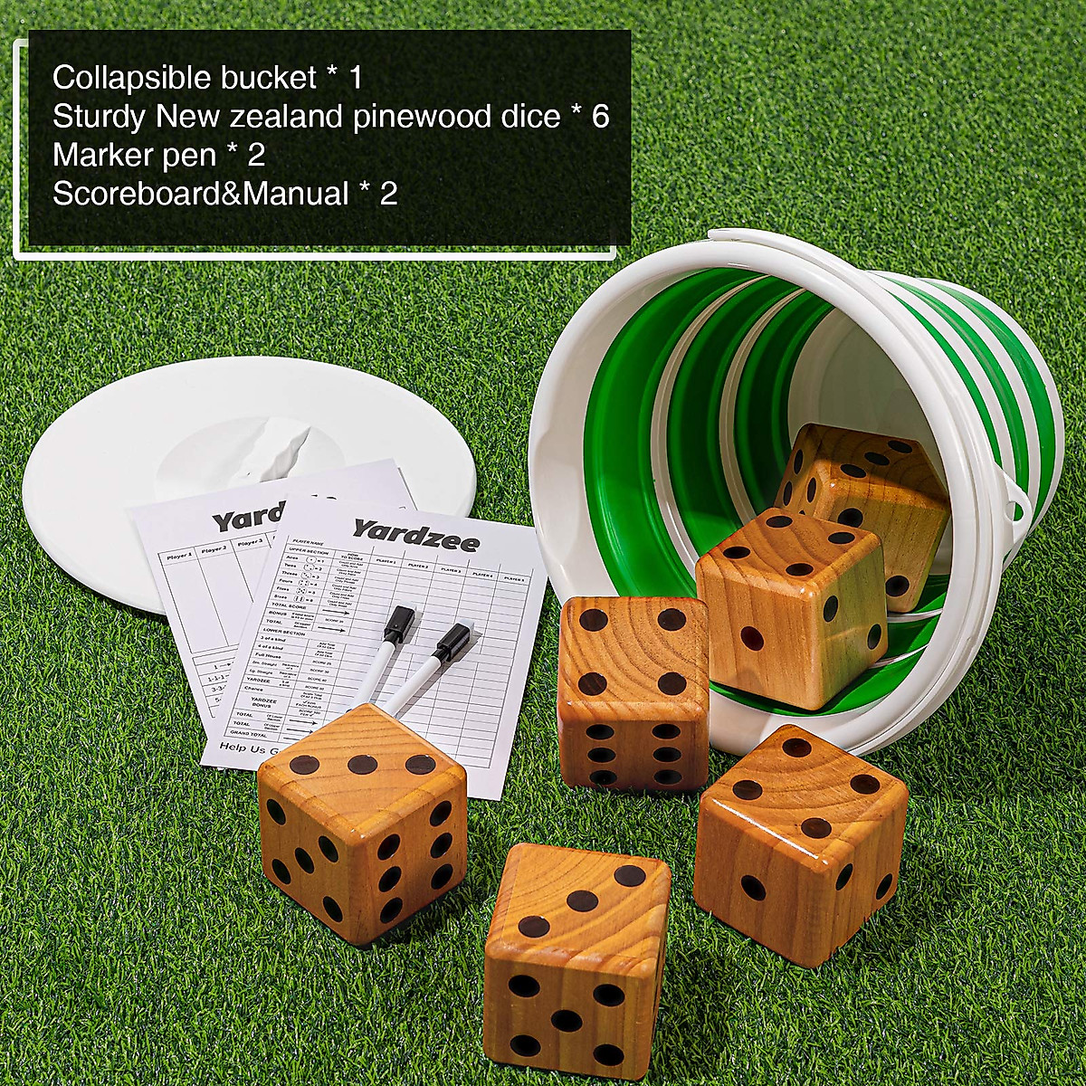 Crobyi Yardzee&Farkle Giant Yard Dice with Collapsible Bucket, 3.5" Giant Wooden Lawn Dice Game for Family. Includes 6 Giant Dice, 2 Scoreboard,2 Marker Pens and Collapsible Bucket.