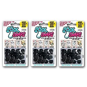 Black Sock Snaps, Sock Locks, Sock Clips for Washer and Dryer, Socks Organizer for Closet, Sock Keeper, Easy to Use Laundry Tool for Socks - 3 Pack Set, 8 Pairs per
