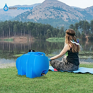 WaterPrepared 35 Gallon Utility Water Tank with Large Cap for Easy Filling, 3/4 Inch Brass Spigot, 2 Built in Strapping Points and 2 Handles, Blue