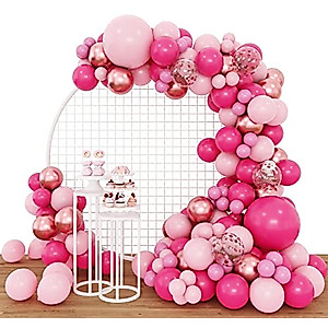 RUBFAC Pink Balloon Arch Garland Kit, Hot Pink Rose Gold Chrome Balloons for Birthday Shower Princess Theme Party Background Decorations