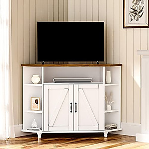 4 EVER WINNER Corner TV Stand for 50 Inch TV, 45” Farmhouse Corner TV Cabinet with LED Light, Adjustable Shelves and Barn Doors, Corner Entertainment Center for Living Room Bedroom, White