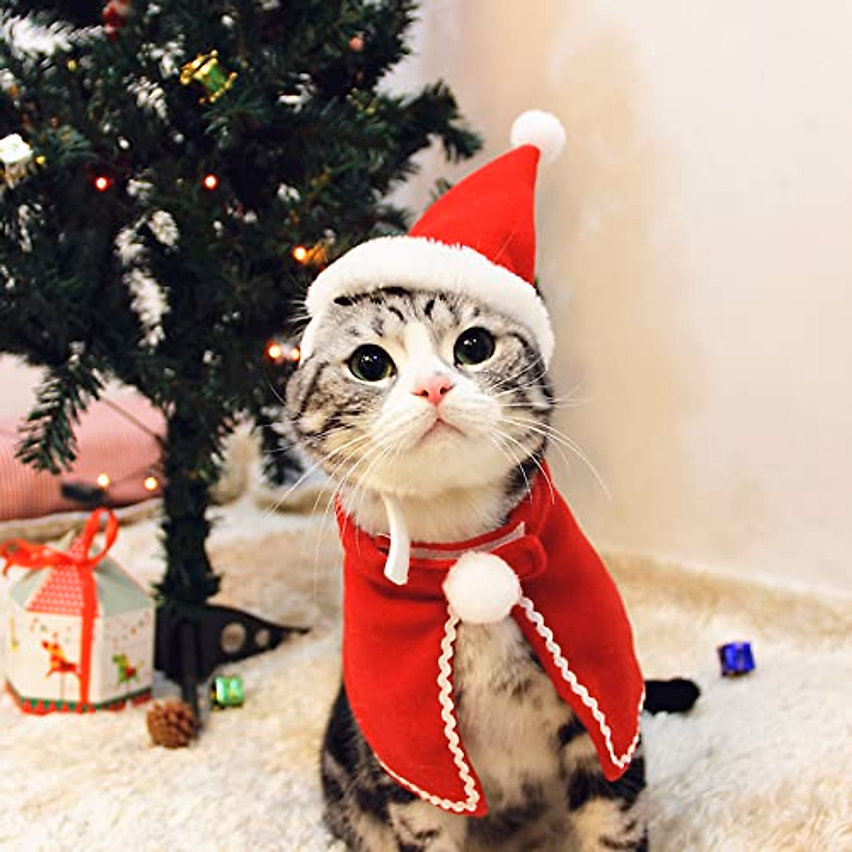 Meihejia Cat Christmas Costume Outfit Set, Super Cute Cat Santa Costume, Cat Santa Hats, Scarves, Capes, Moose Horns