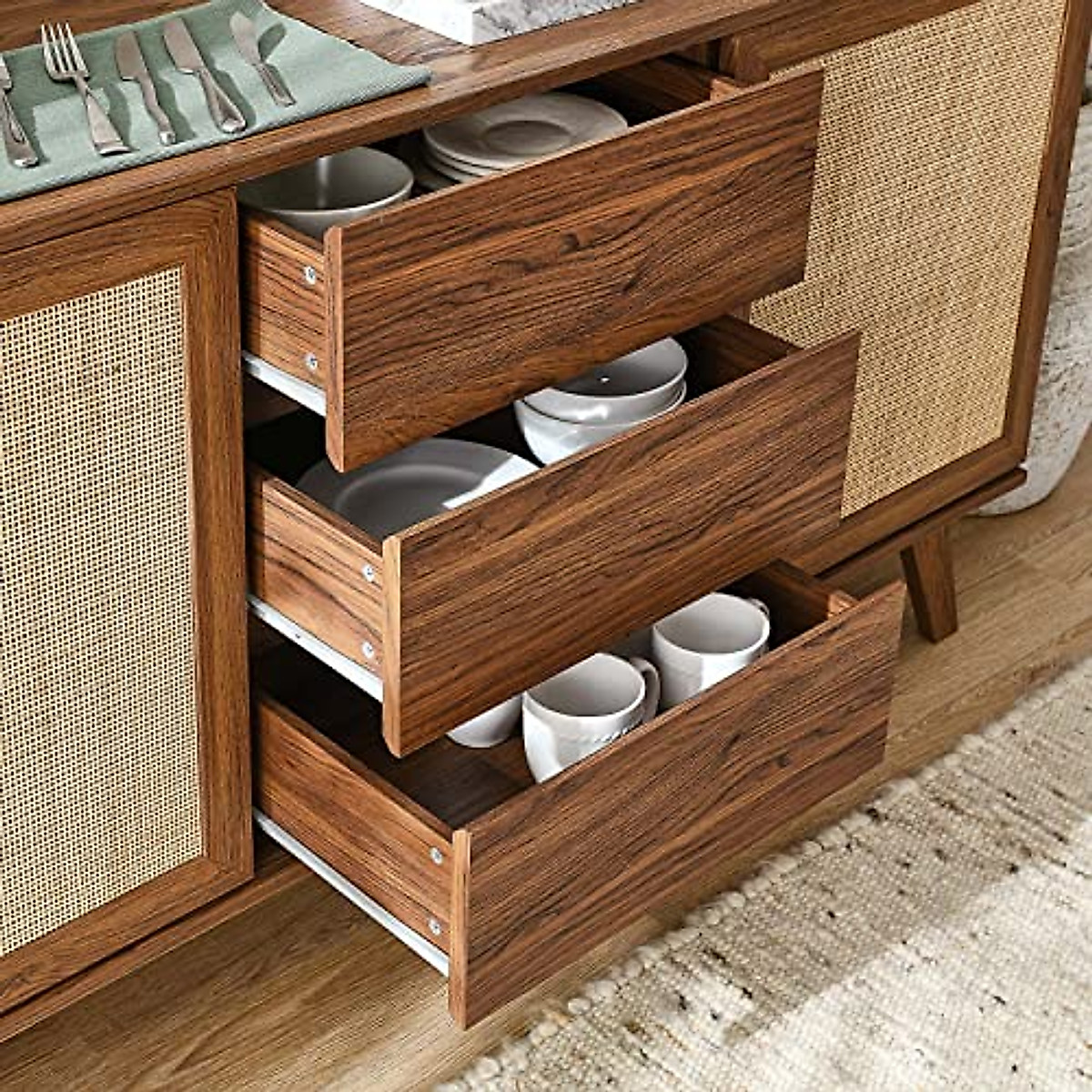 Modway Soma 59" Rattan High TV Stand Sideboard, Walnut