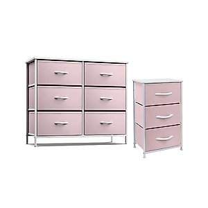 Sorbus Kids Dresser with 6 Drawers and 3 Drawer Nightstand Bundle - Matching Furniture Set - Storage Unit Organizer Chests for Clothing - Bedroom, Kids Rooms, Nursery, & Closet (Pink)