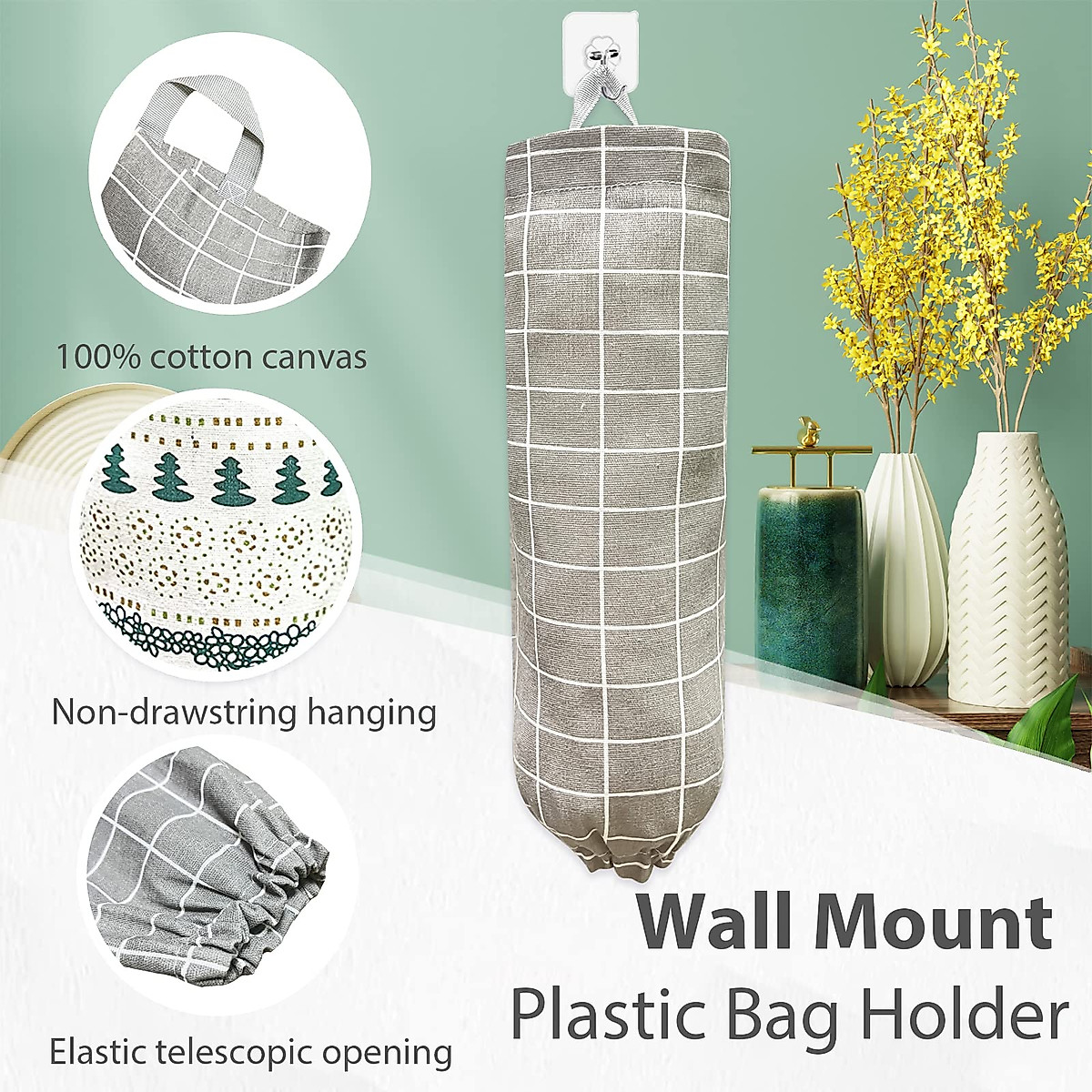 SYIPO Plastic Bag Holder, Reusable Grocery Bag Organizer, Wall Mount, Plaid Grey, 1 Pack, 15.7in x 9.8in