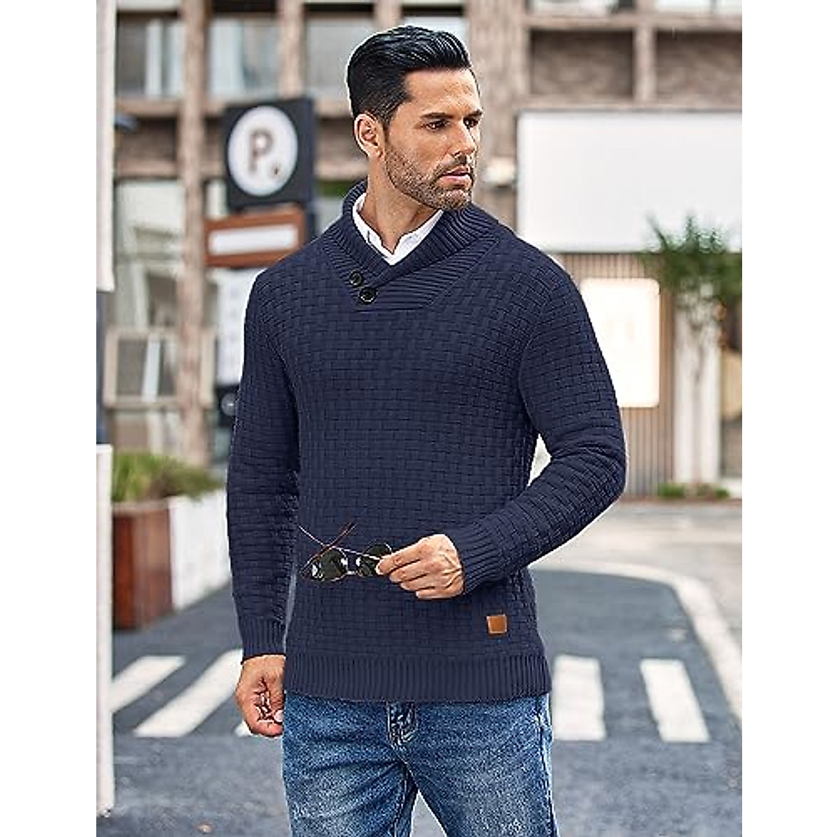 COOFANDY Men's Shawl Collar Sweaters V-Neck Relaxed Fit Basket Knitted Pullovers Navy Blue
