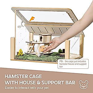 MEWOOFUN Wooden Hamster Cage Small Animal Cage Acrylic Hamster Cage with House (18.5" L X 12.9" W X 9.8" H)