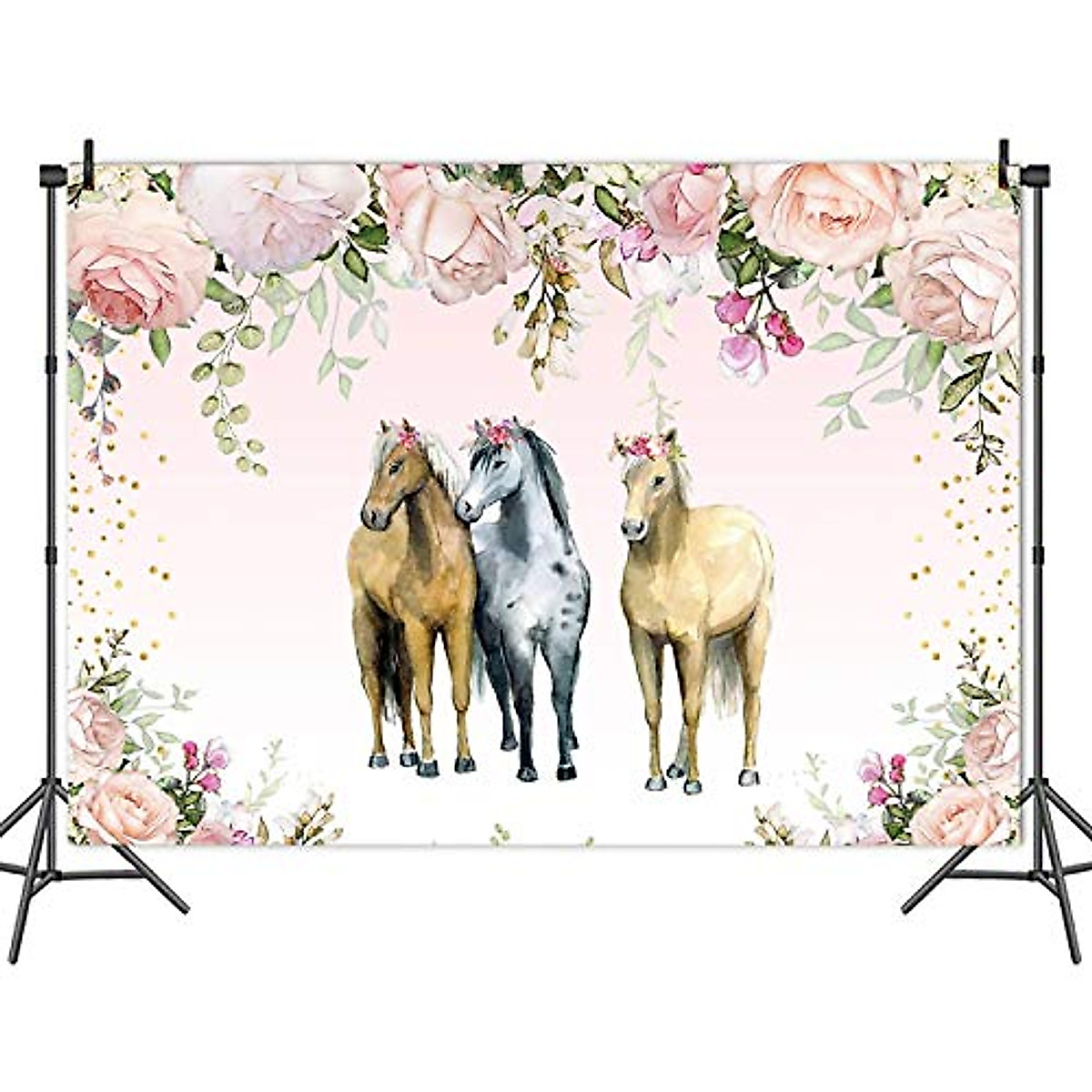 Pink Flower Countryside West Cowboy Cowgirl Horse Party Photo Backdrops 5x3ft Children Boy or Princess Girl Birthday Photography Background Baby Shower Party Supplies Banner Cake Table Decor Vinyl