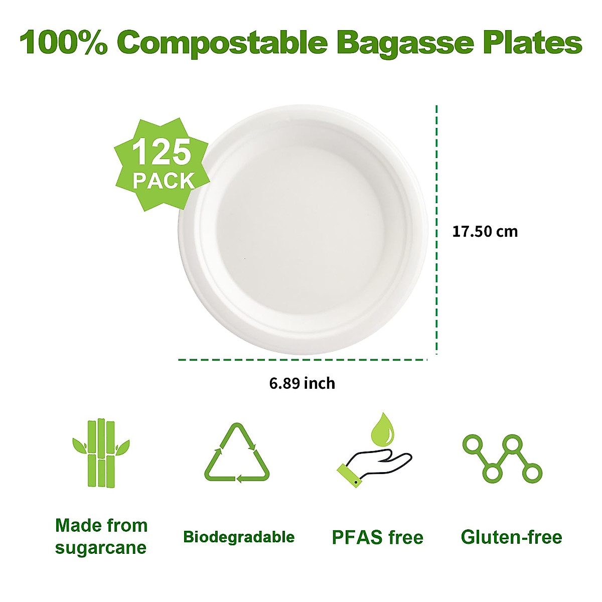 JOYFULOCEAN Paper Plates 7 inch 125 Pieces, 100% Compostable Disposable Paper Plates, Heavy-Duty Natural Biodegradable Eco-Friendly Sugarcane Fibers Party Plates(White)[PFAS-Free][BPI Certified]