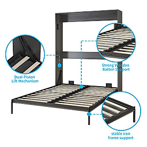 Mjkone Large Murphy Bed with 2 Side Cabinet, Folding Guest Wall Bed (Dark Grey