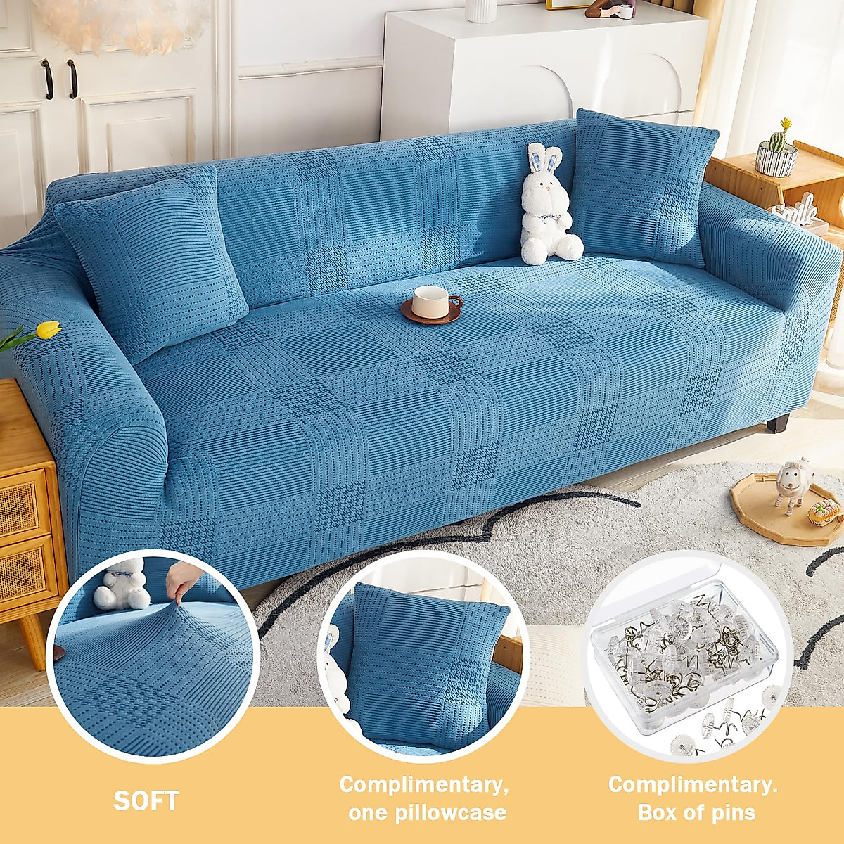 TongBF Stretch Fabric Sofa Cover Corner Cover for 1/2/3/4 Seater, Chair, Recliner, Sectional Sofa with Pillowcase As A Gift (Jacquard-Blue, 4 Seater)