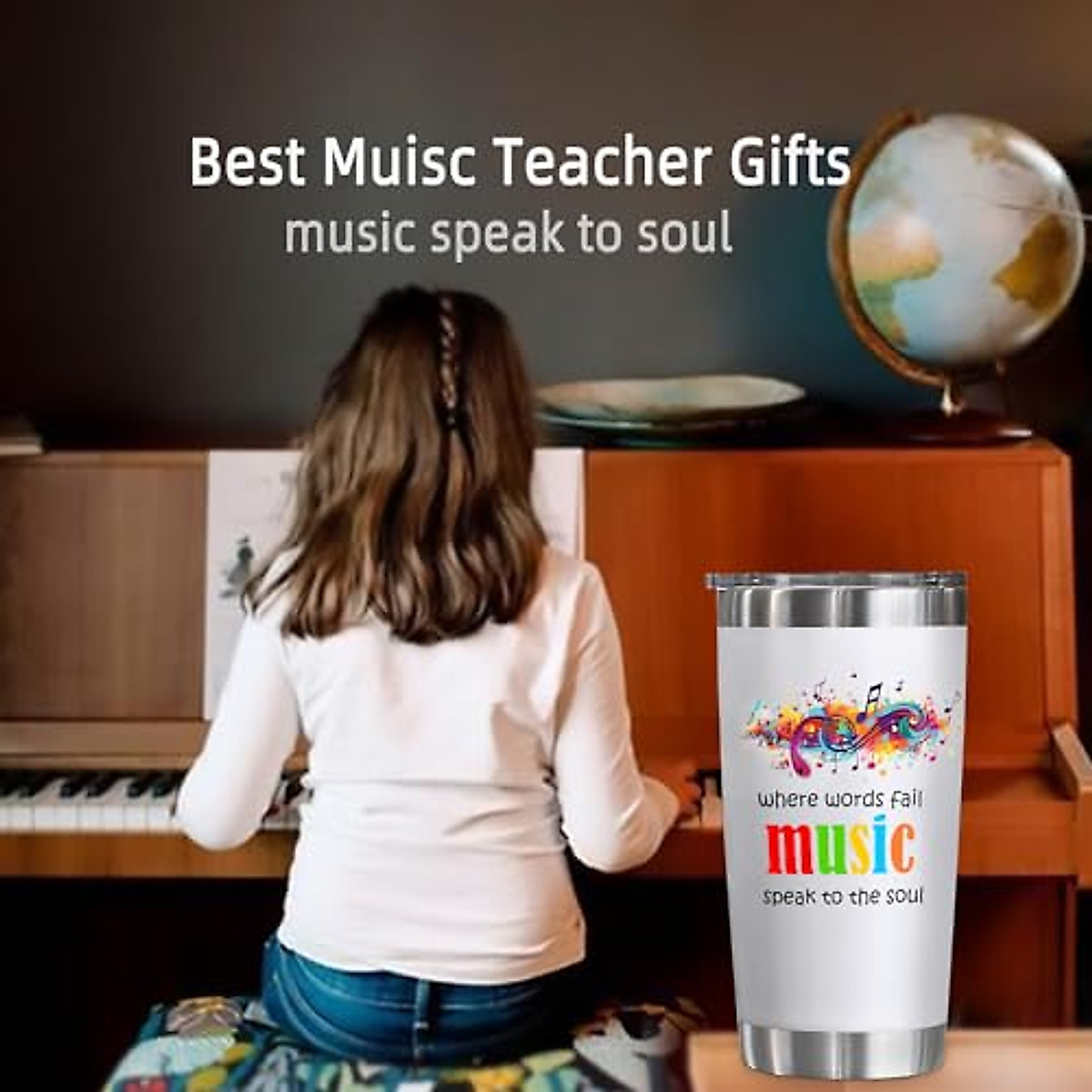 EchoMaven Music Gifts for Teachers & Lovers - 20oz Travel Tumbler, White - Where Words Fail, Music Speaks to the Soul - Perfect for Christmas & Birthdays
