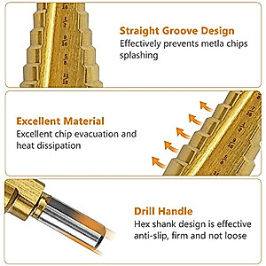 PRECIHW 9 Sizes Titanium Step Drill Bit, 1/4 to 3/4 Inches High Speed Steel Step Drill Bits for Hole Drilling, HSS Multi Size Step Drill Bits for Metal, Aluminium and Wood