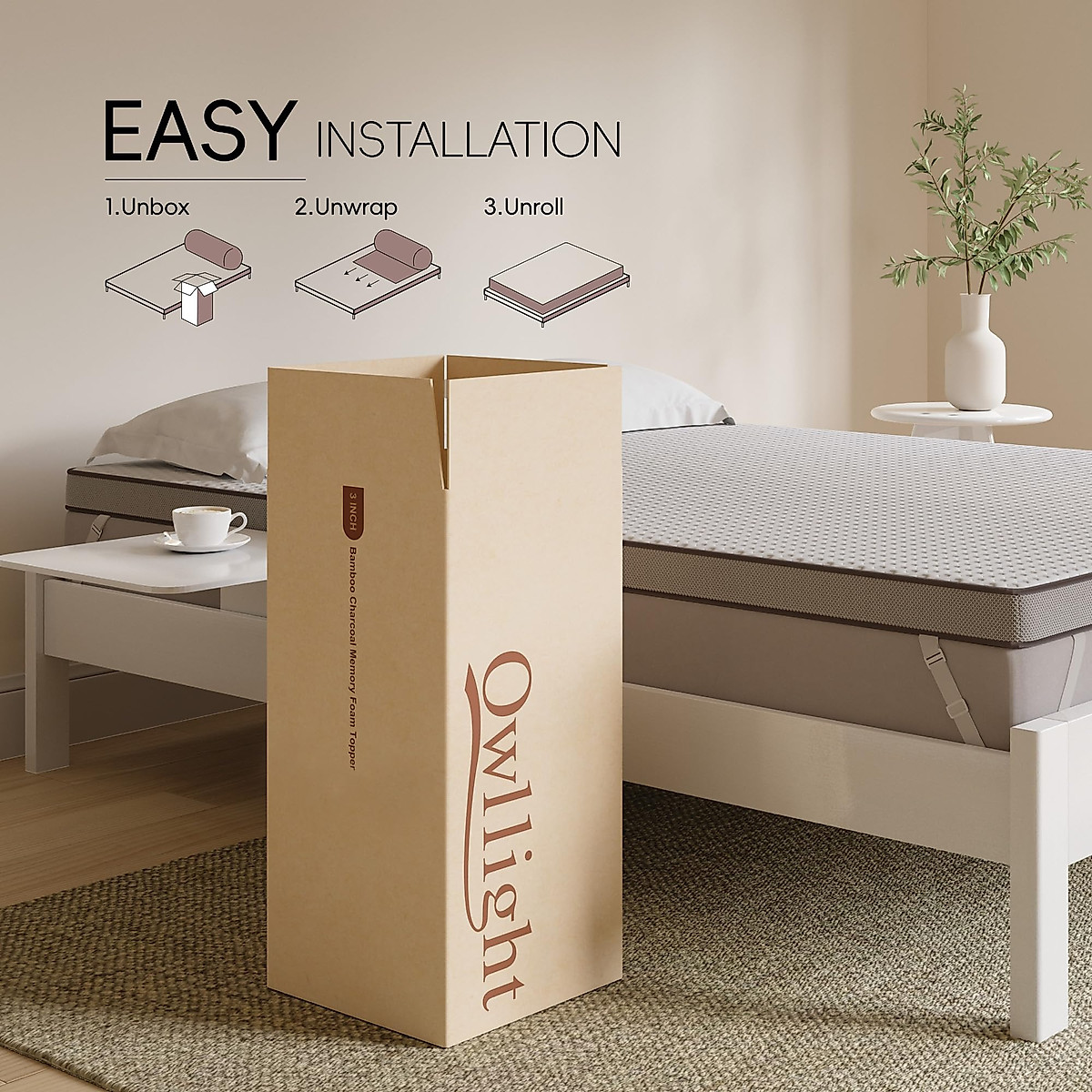 OWLLIGHT Mattress Topper, Memory Foam Gel Infused Bed Toppers with Washable Cover, High Density Dual-Layer Foam, CertiPUR-US Certified, 3 Inch (King, White)