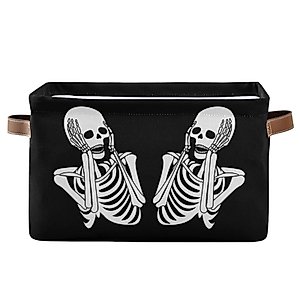 ALAZA Halloween Skull Funny Skeleton Black Storage Basket for Shelves for Organizing Closet Shelf Nursery Toy, Fabric Collapsible Storage Organizer Bins Decorative Baskets with Handles Cubes 1 Pack