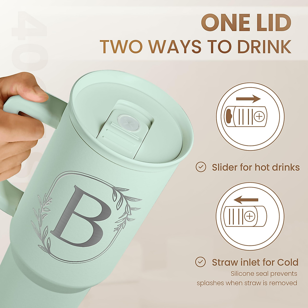 Personalized Monogrammed Tumbler with Handle 40oz, Letter B Tumblers Insulated Coffee Travel Cup, Custom Initial Gift for Women Girls Friends, Monogram Gift for Christmas Birthday Mothers Day